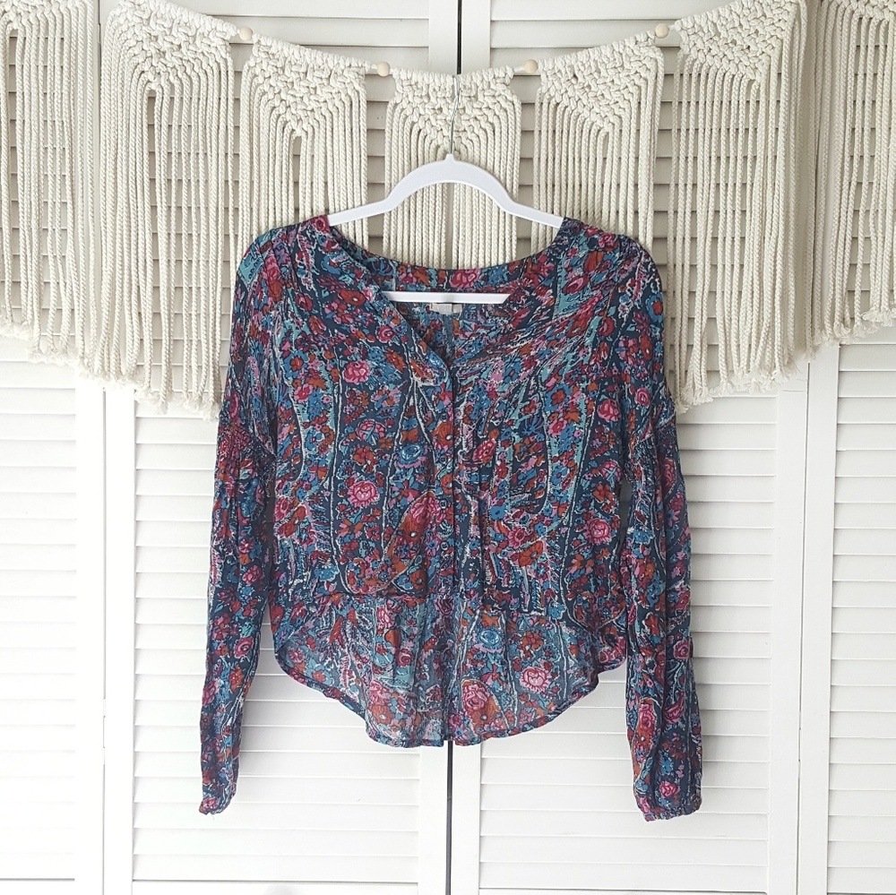 Uo Floral Boho Cropped Button Down High Low Top S - Gem